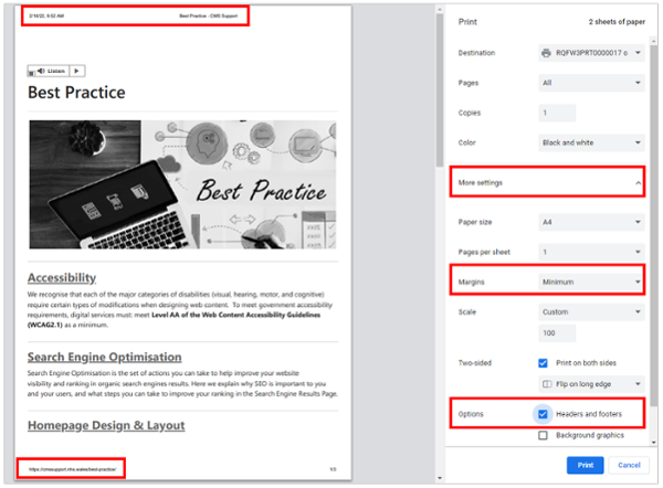 Browser Printer Settings CMS Support